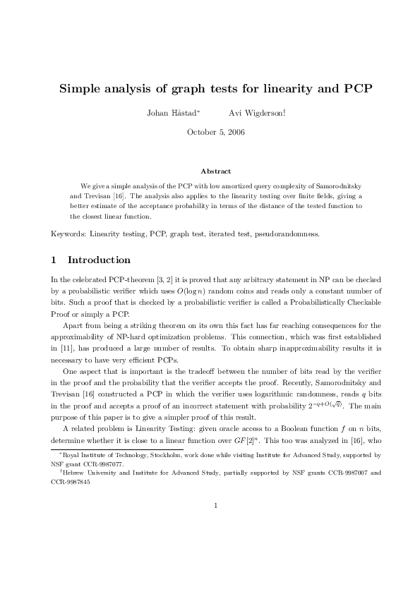(PDF) Simple analysis of graph tests for linearity and PCP