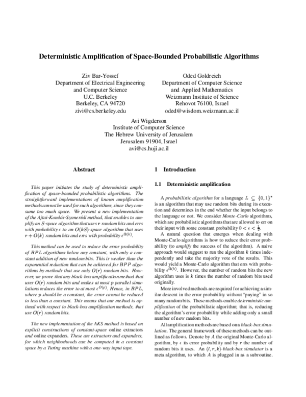 (PDF) Deterministic amplification of space-bounded probabilistic algorithms