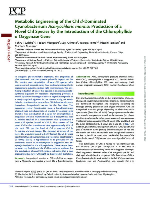 (PDF) Metabolic Engineering of the Chl d-Dominated Cyanobacterium ...