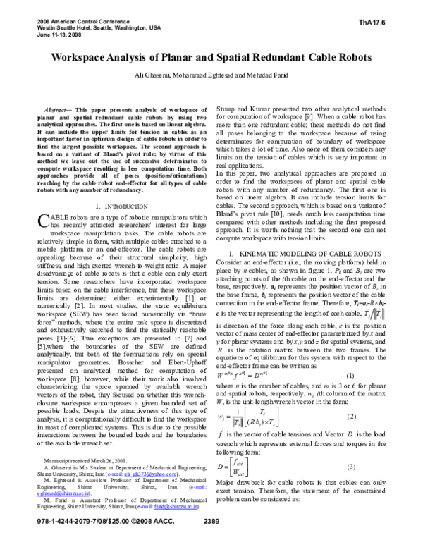 (PDF) Workspace analysis of planar and spatial redundant cable robots