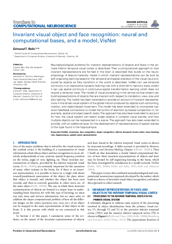 (PDF) Invariant Visual Object and Face Recognition: Neural and ...