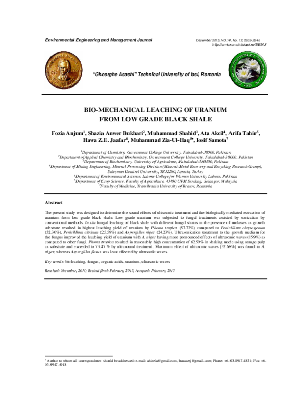 (PDF) Bio-Mechanical Leaching of Uranium from Low Grade Black Shale