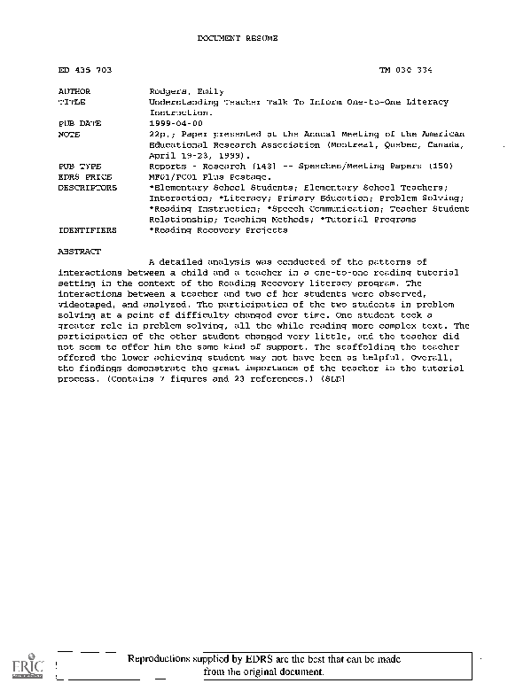 (PDF) Understanding Teacher Talk To Inform One-to-One Literacy Instruction