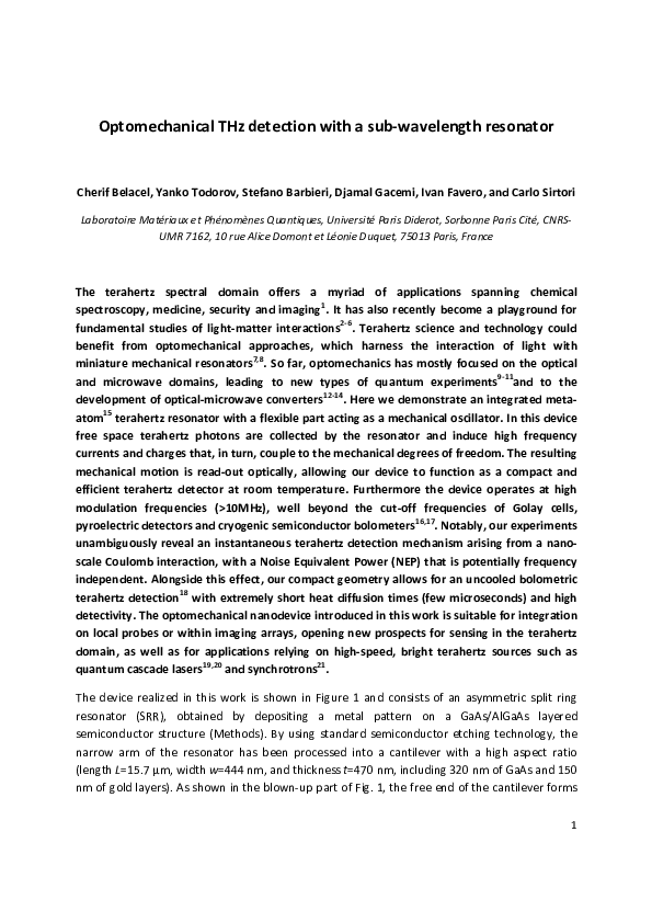 (PDF) Optomechanical THz detection with a sub-wavelength resonator