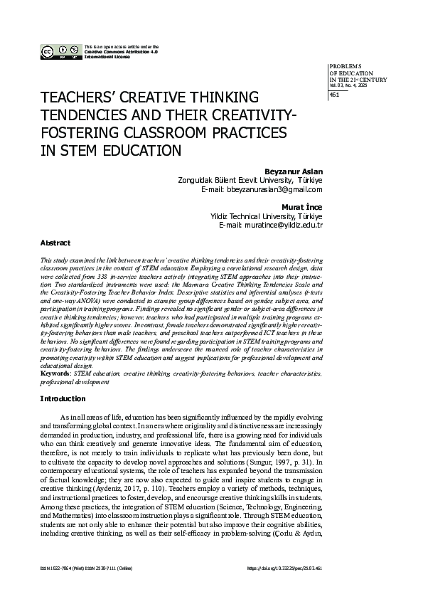 (PDF) TEACHERS' CREATIVE THINKING TENDENCIES AND THEIR CREATIVITY ...