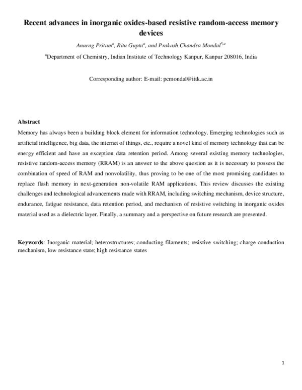 (PDF) Recent advances in inorganic oxides-based resistive random-access memory devices