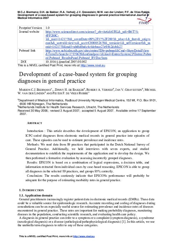 (PDF) Development of a case-based system for grouping diagnoses in ...
