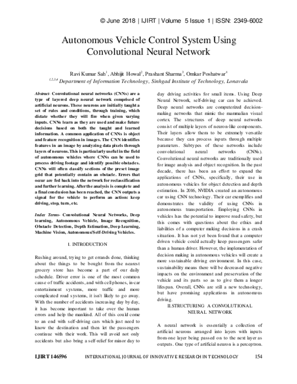 (PDF) Autonomous Vehicle Control System Using Convolutional Neural Network