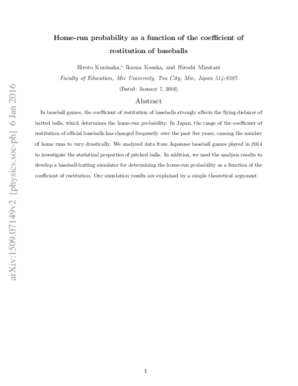 (PDF) Home-run probability as a function of the coefficient of restitution of baseballs