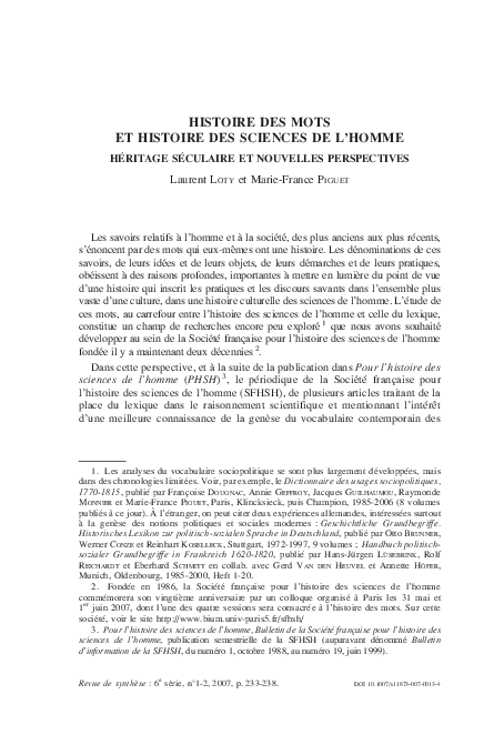 (PDF) « Histoire des mots et histoire des sciences de l’homme. Héritage ...
