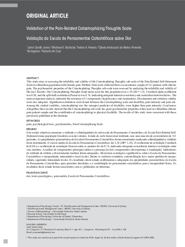 (PDF) Validation of the Pain-Related Catastrophizing Thoughts Scale