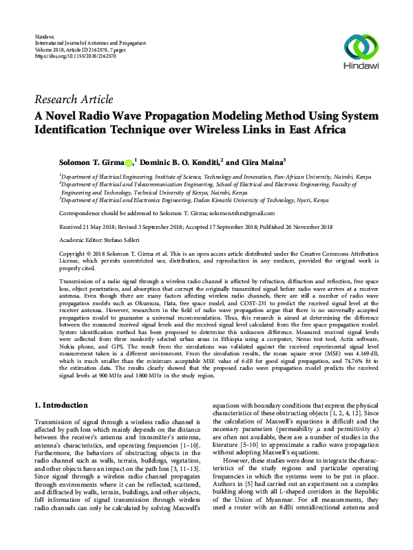 Pdf A Novel Radio Wave Propagation Modeling Method Using System Identification Technique Over