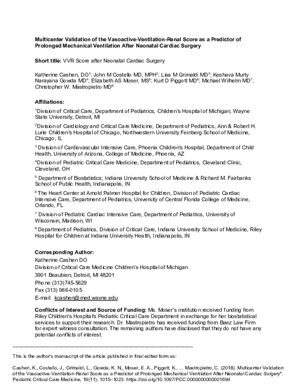 (PDF) Multicenter Validation of the Vasoactive-Ventilation-Renal Score ...