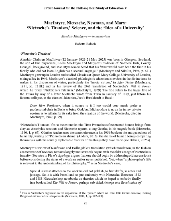 (PDF) MacIntyre, Nietzsche, Newman, and Marx: 'Nietzsche's Titanism ...