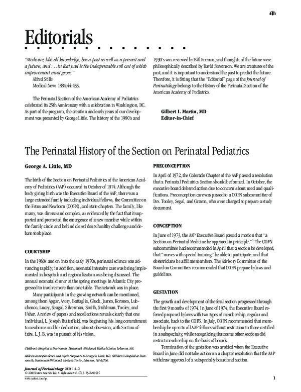 (PDF) The Perinatal History of the Section on Perinatal Pediatrics