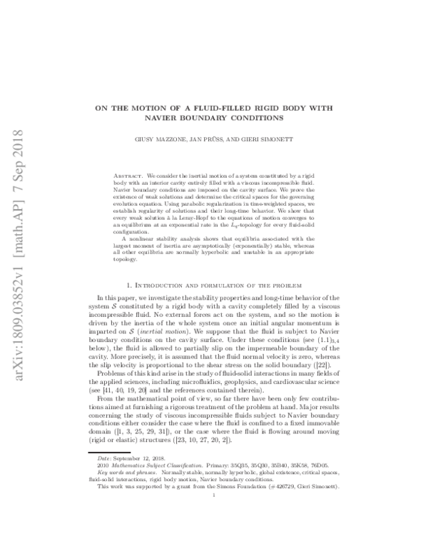 Pdf On The Motion Of A Fluid Filled Rigid Body With Navier Boundary Conditions