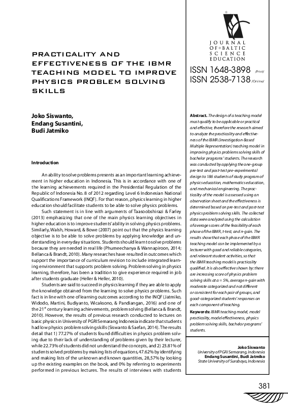 (PDF) Practicality and Effectiveness of the Ibmr Teaching Model to Improve Physics Problem ...