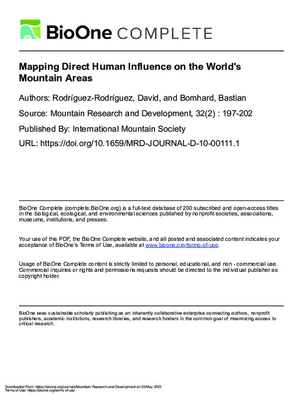 (PDF) Mapping Direct Human Influence on the World's Mountain Areas