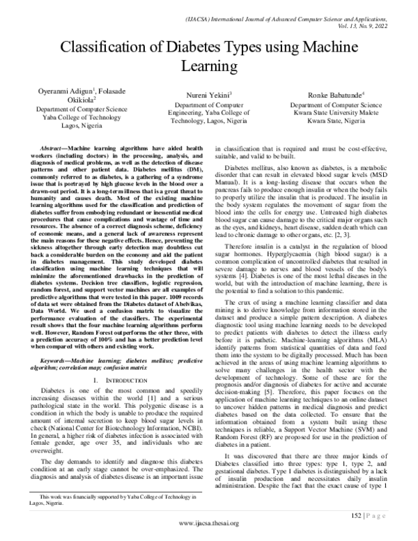 (PDF) Classification of Diabetes Types using Machine Learning
