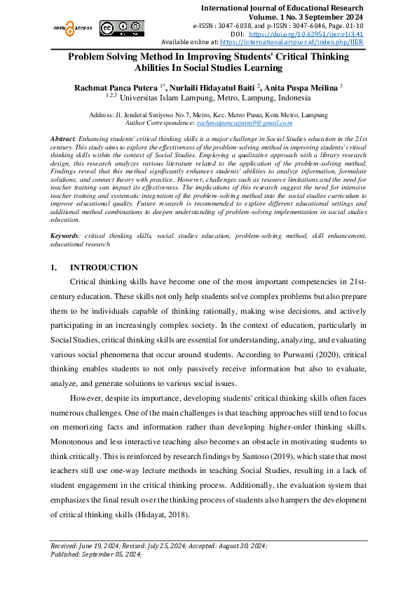 (PDF) Problem Solving Method In Improving Students' Critical Thinking ...