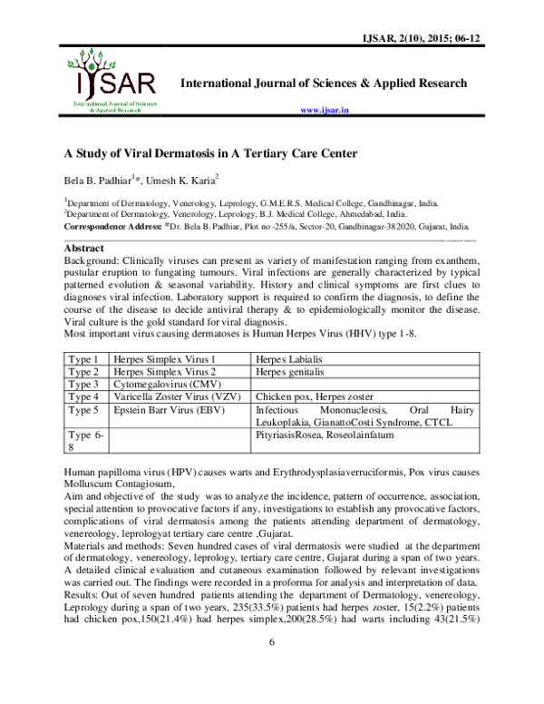 (PDF) A Study of Viral Dermatosis in A Tertiary Care Center