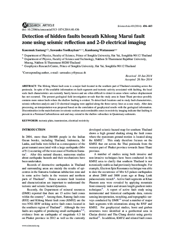 (PDF) Detection of hidden faults beneath Khlong Marui fault zone using seismic reflection and 2 ...