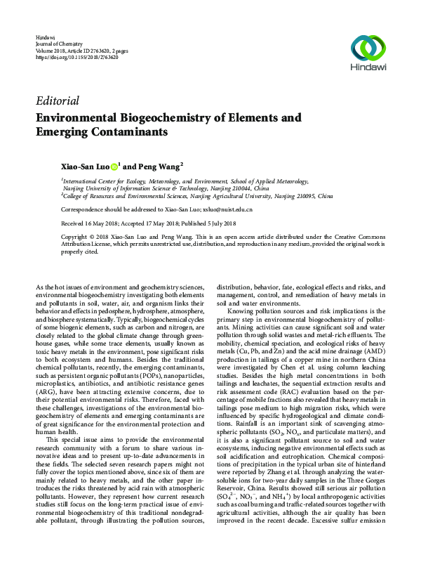 (PDF) Environmental Biogeochemistry of Elements and Emerging Contaminants