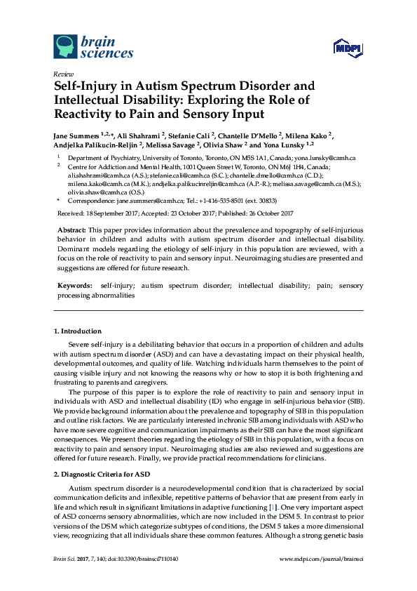 (PDF) Self-Injury in Autism Spectrum Disorder and Intellectual ...