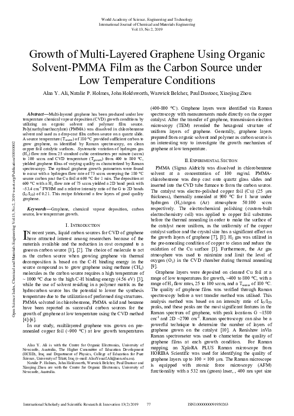 (PDF) Growth of Multi-Layered Graphene Using Organic Solvent-PMMA Film ...