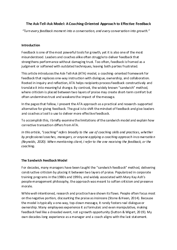(PDF) The Ask-Tell-Ask Feedback Model: A Coaching-Oriented Approach to ...