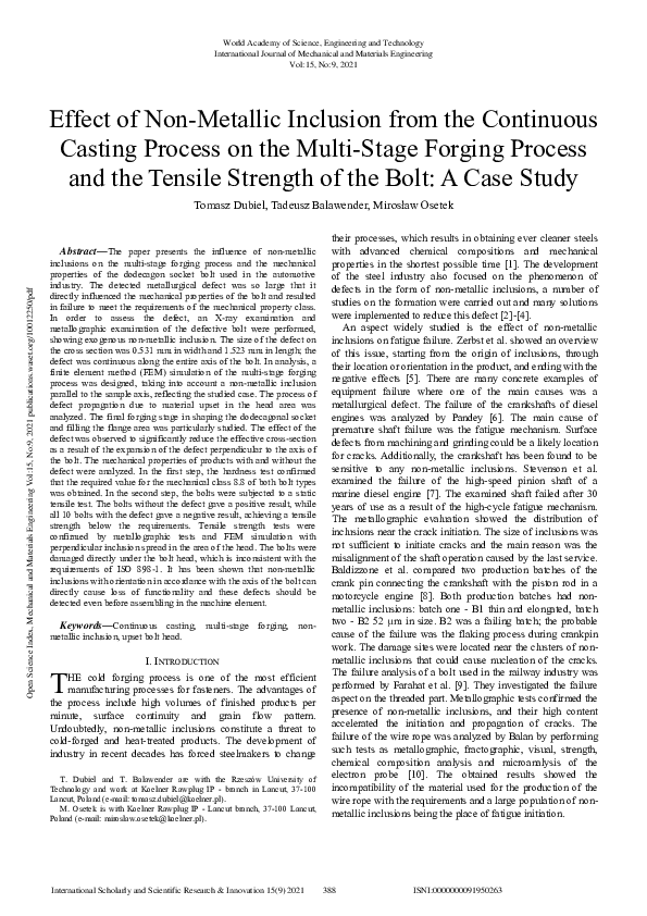 (PDF) Effect of Non-Metallic Inclusion from the Continuous Casting Process on the Multi-Stage ...
