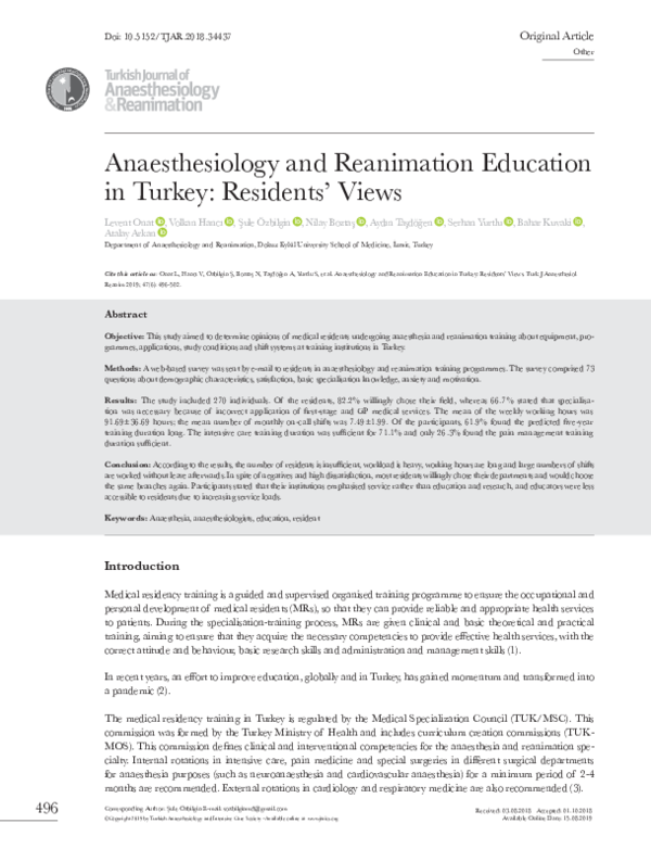(PDF) Anaesthesiology and Reanimation Education in Turkey: Residents’ Views