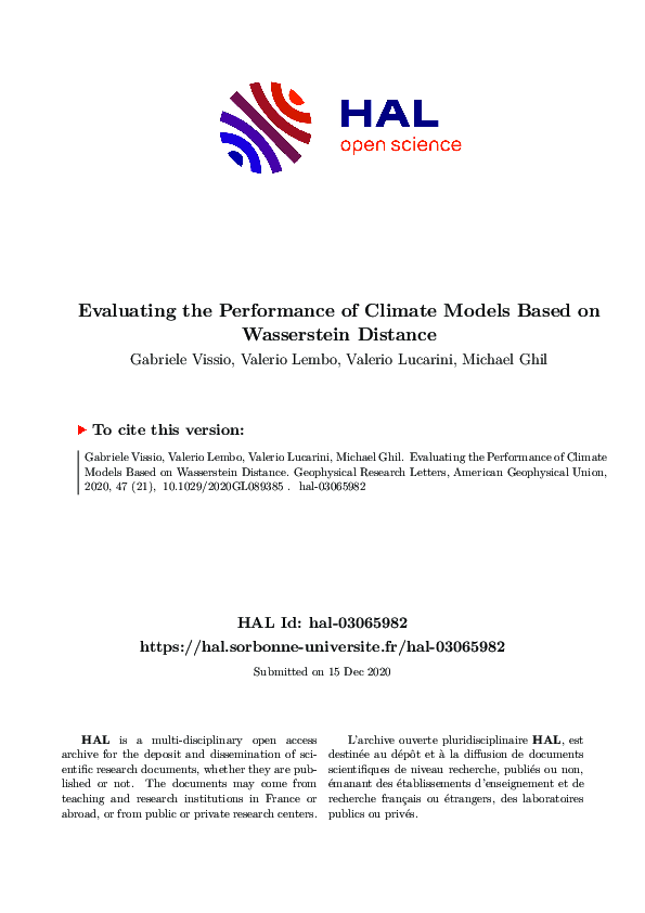 (PDF) Evaluating the Performance of Climate Models Based on Wasserstein Distance