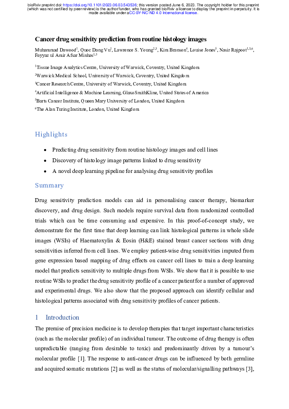 (PDF) Cancer drug sensitivity prediction from routine histology images