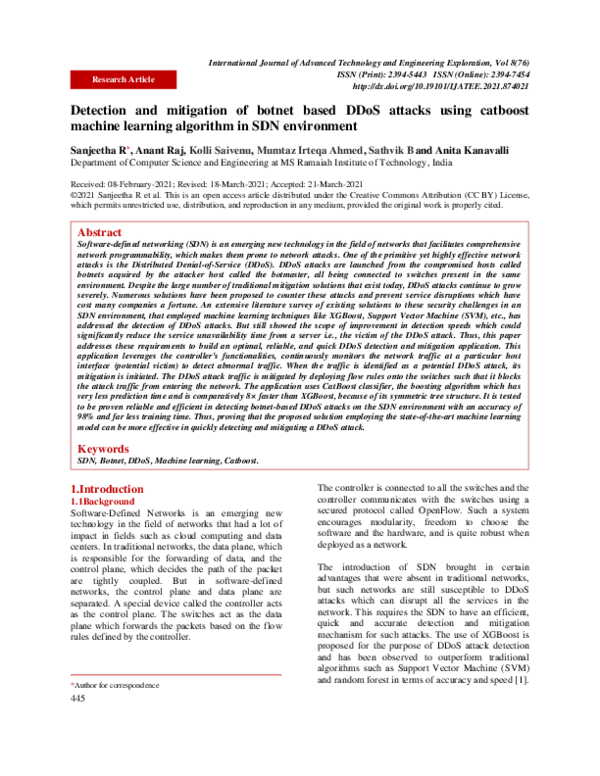 (PDF) Detection and mitigation of botnet based DDoS attacks using catboost machine learning ...