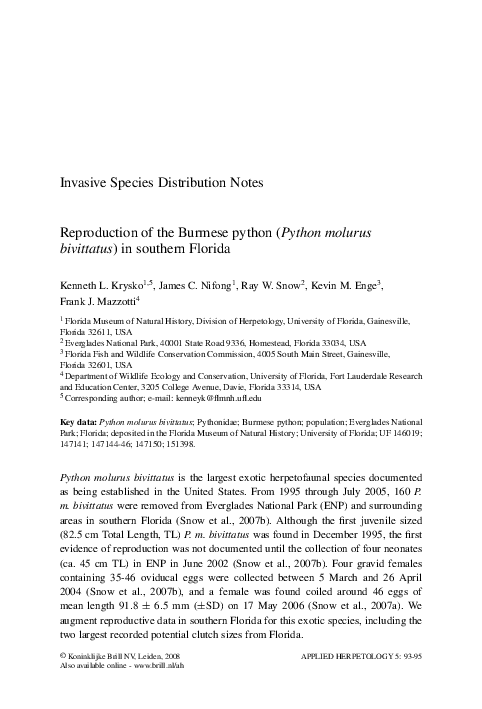 (PDF) Reproduction of the Burmese python (Python molurus bivittatus) in ...