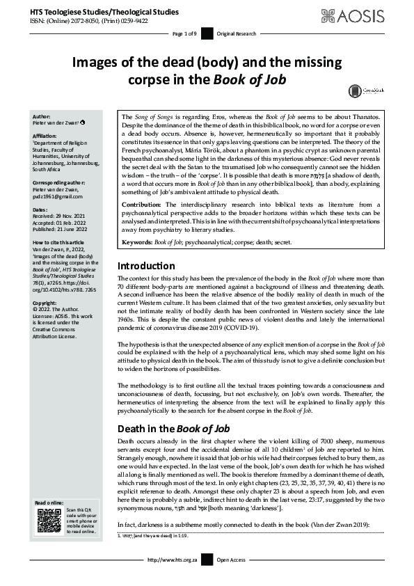 (PDF) Images of the dead (body) and the missing corpse in the Book of Job