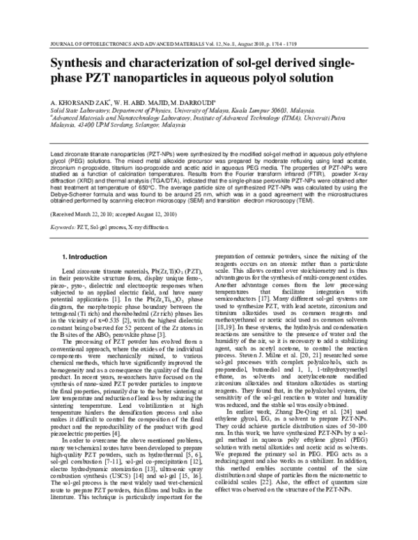 (PDF) Synthesis and characterization of sol-gel derived single-phase PZT nanoparticles in ...