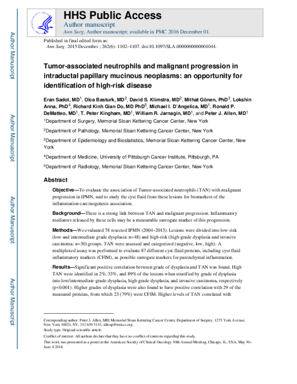 (PDF) Tumor-associated Neutrophils and Malignant Progression in ...