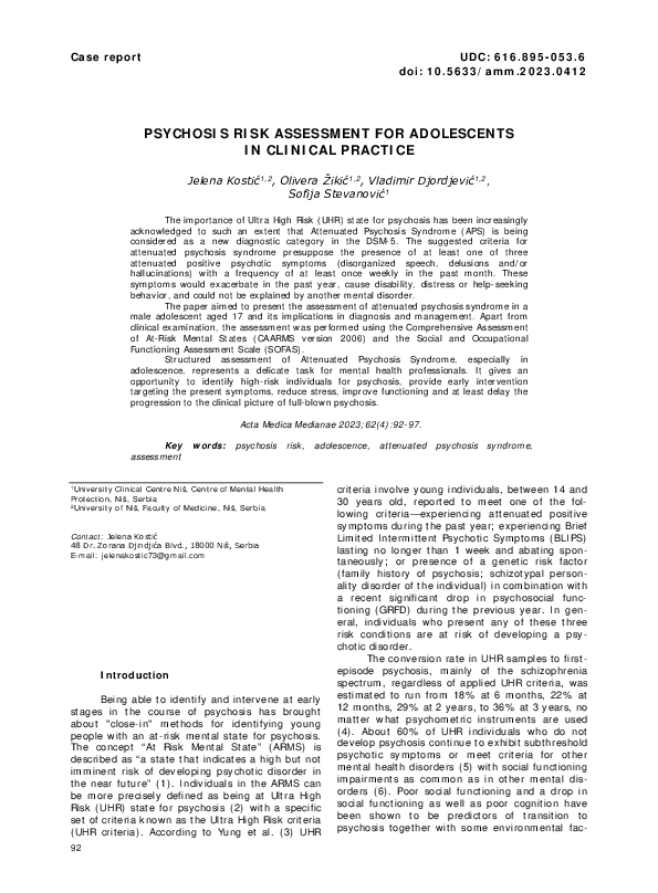 (PDF) Psychosis Risk Assessment for Adolescents in Clinical Practice