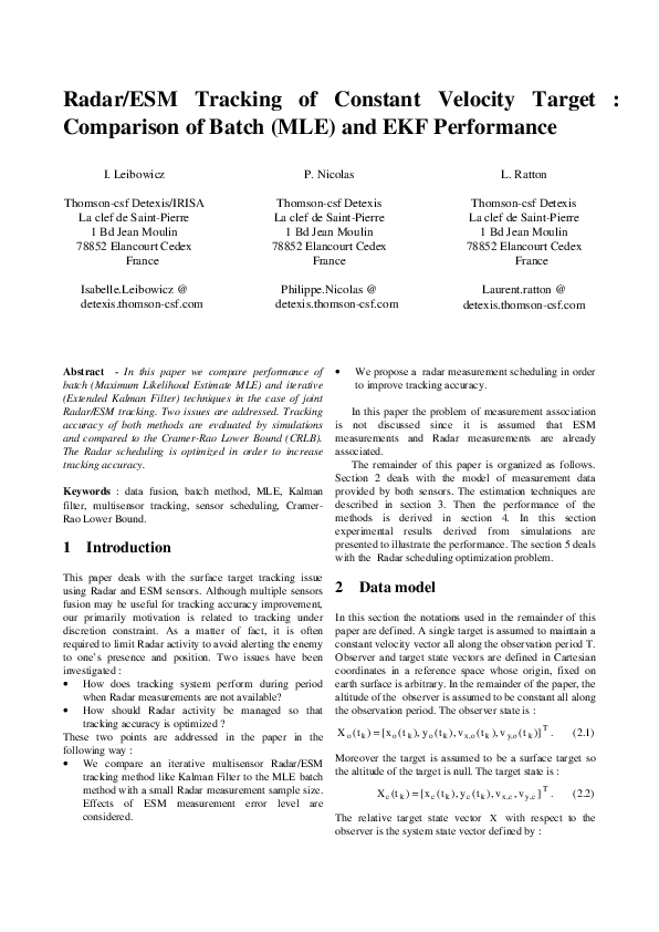 (PDF) Radar/ESM tracking of constant velocity target: comparison of ...