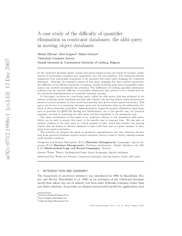 (PDF) A case study of the difficulty of quantifier elimination in constraint databases: the ...