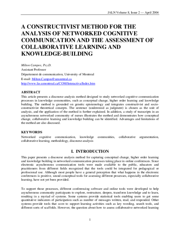 (PDF) A Constructivist Method for the Analysis of Networked Cognitive Communication and the ...