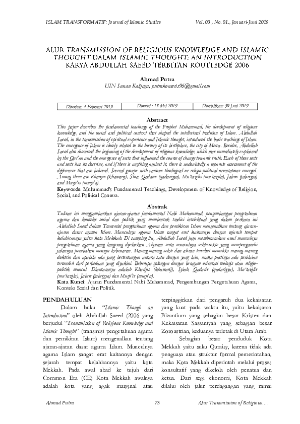 (PDF) Alur Transmission of Religious Knowledge and Islamic Thought ...