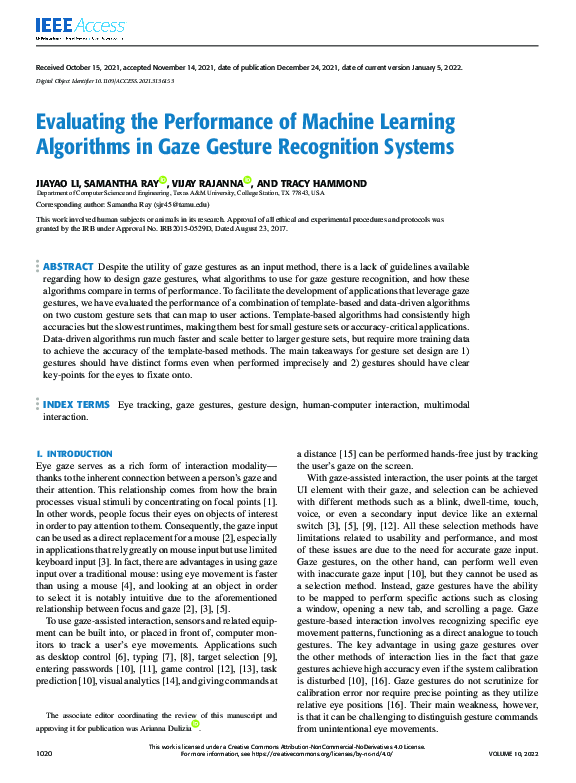 (PDF) Evaluating the Performance of Machine Learning Algorithms in Gaze Gesture Recognition Systems