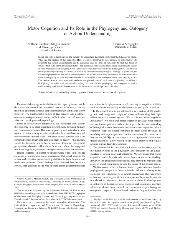 (PDF) Motor cognition and its role in the phylogeny and ontogeny of ...
