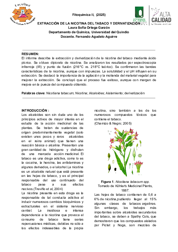 (PDF) Fitoquímica II, (2025) EXTRACCIÓN DE LA NICOTINA DEL TABACO Y DERIVATIZACIÓN