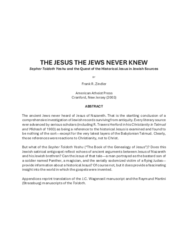 (PDF) THE JESUS THE JEWS NEVER KNEW - Sepher Toldoth Yeshu and the ...