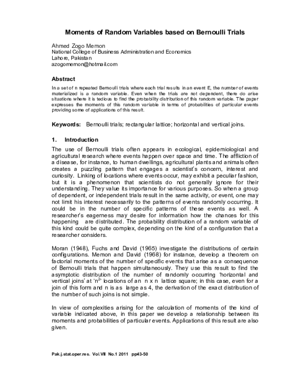 (PDF) Moments of Random Variables Based on Bernoulli Trials