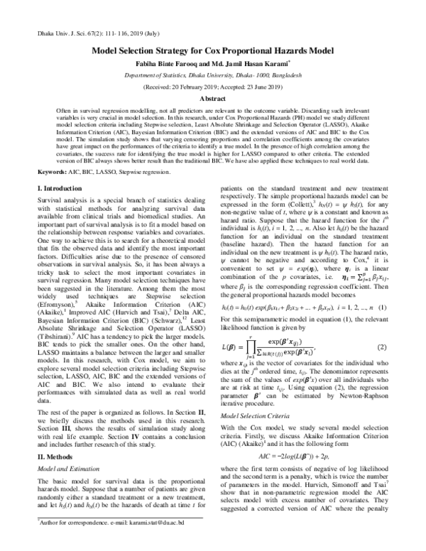 (PDF) Model Selection Strategy for Cox Proportional Hazards Model